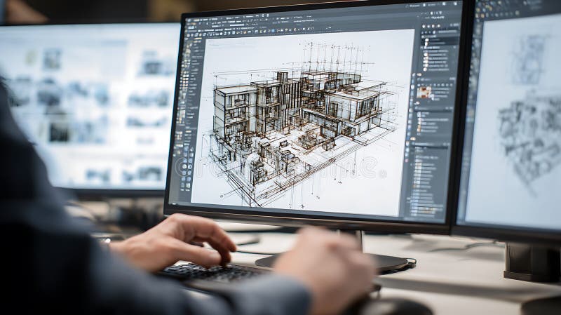 Architect Working on Building Design on Computer with Multiple Screens ...
