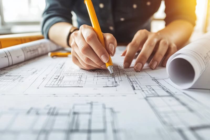 Professional Architect Working on Detailed Building Plans with Pencil ...