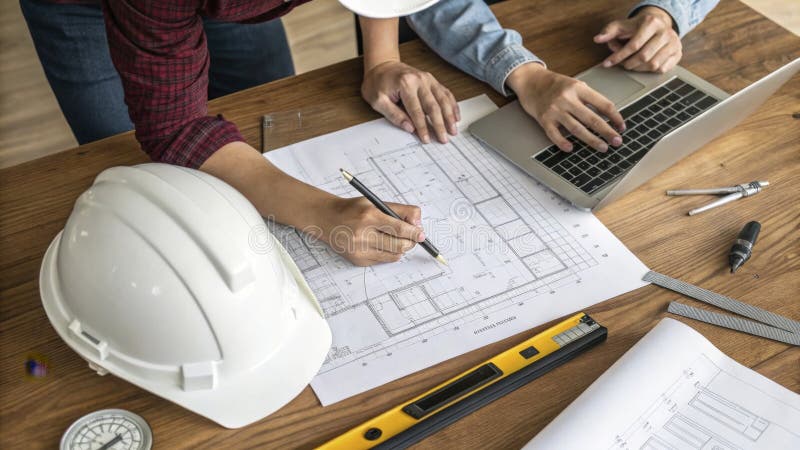 Professional Architects Reviewing Blueprints, Working Together with ...