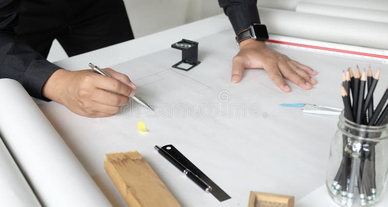 Professional Architecture Drawing on Desk Office Stock Image - Image of ...