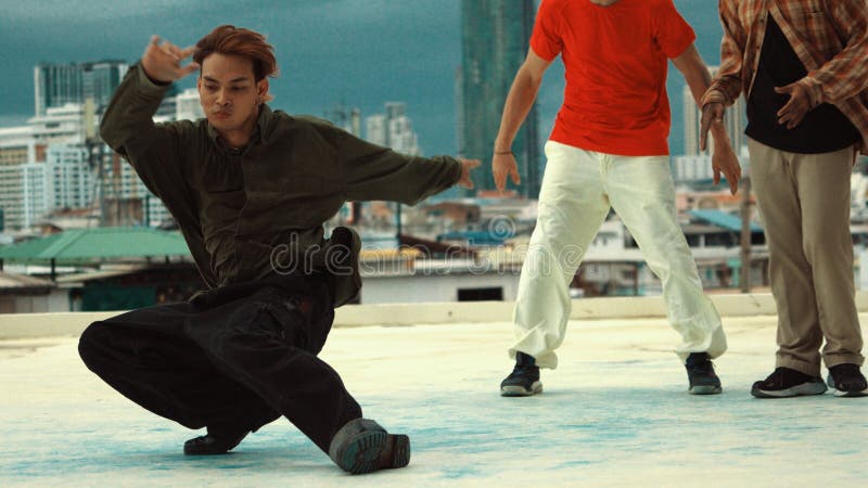 Asian Break Dancer Practice B Boy Dance with Friends at Roof Top ...