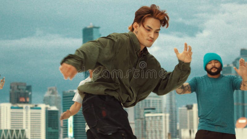 Asian Break Dancer Practice B Boy Dance with Friends at Roof Top ...
