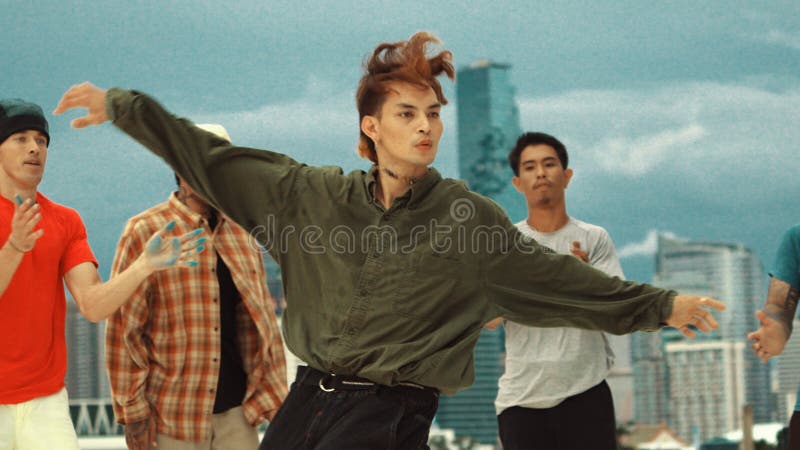 Asian Break Dancer Practice B Boy Dance with Friends at Roof Top ...