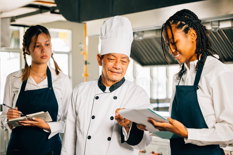 Professional Asian Senior Chef Mentors Diverse Students in a Restaurant ...