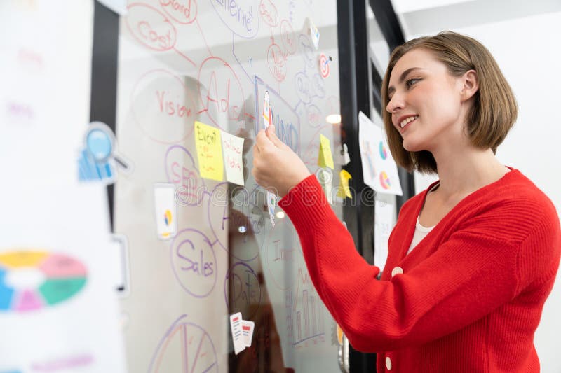Leader Sticks Sticky Notes on White Board during Business Meeting ...