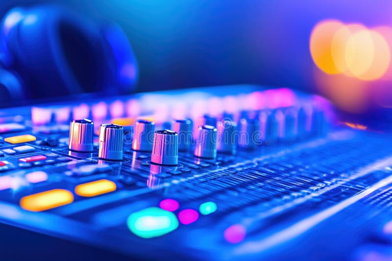 Professional Audio Mixer with Colorful Lights Creating Modern Music ...