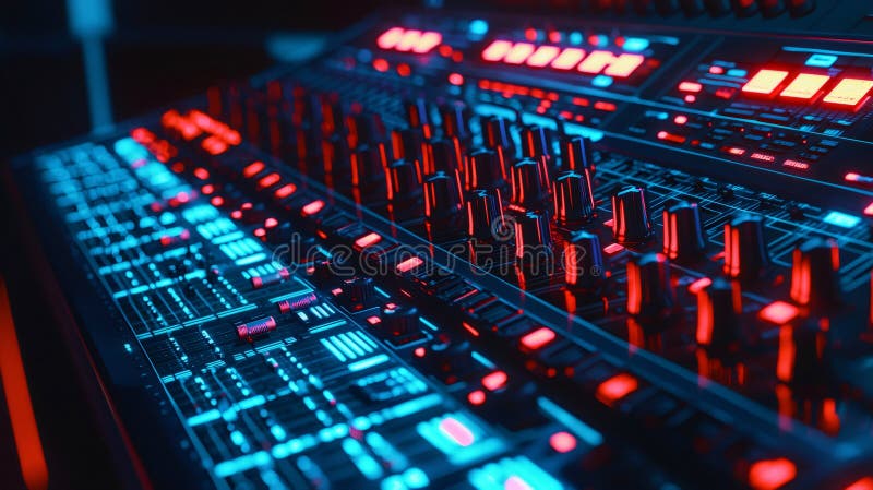 Professional Audio Mixer with Illuminated Knobs and Faders in Red and ...