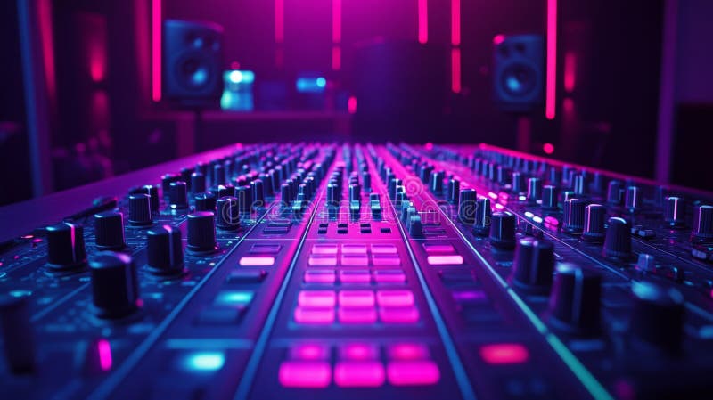 Professional Audio Mixing Console with Illuminated Faders and Knobs in ...