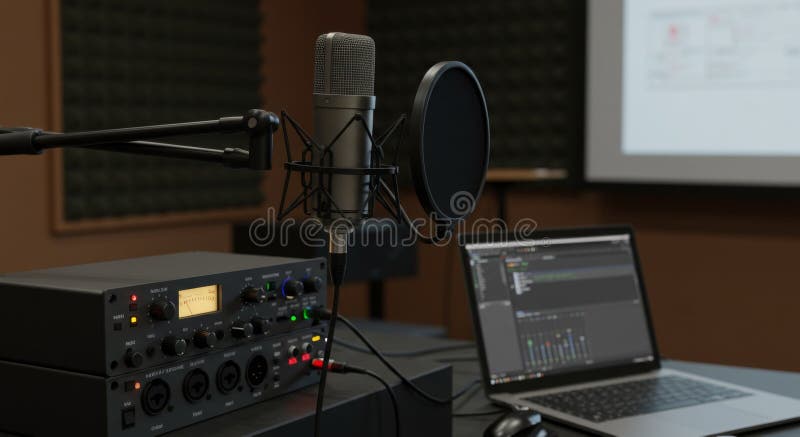 Professional Audio Recording Studio Setup with Microphone and Laptop Stock Illustration ...