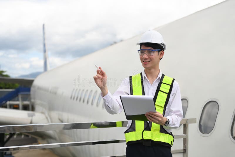Professional Aviation Engineer with Clipboard Standing on Platform Near ...