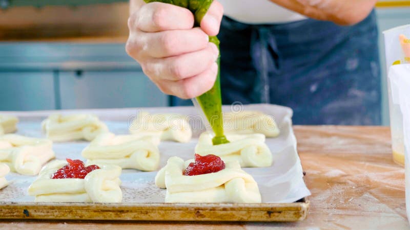Professional Baker Adding Jam on Top of Sweet Baking before Put it into ...