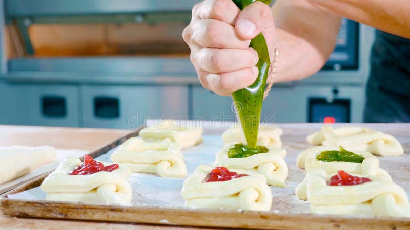 Professional Baker Adding Jam on Top of Sweet Baking before Put it into ...