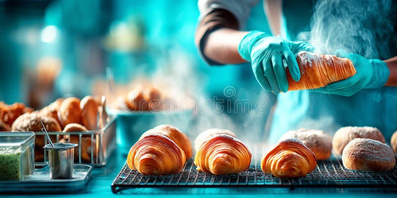 A Professional Baker Places Fresh Croissants on a Rack in a Busy ...