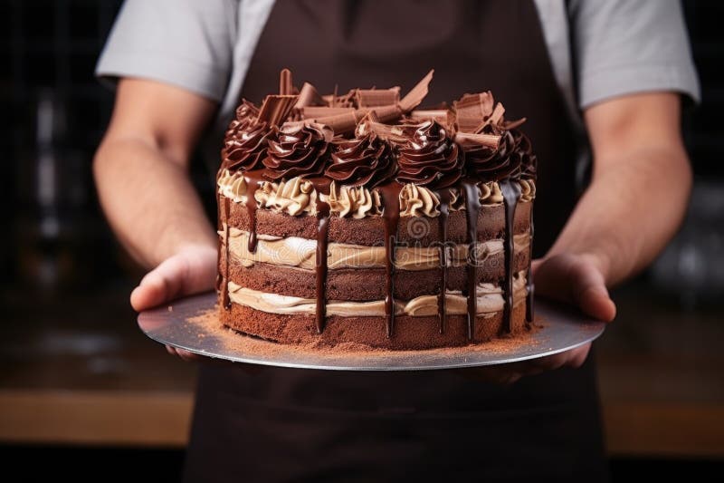Professional Baker Presenting a Beautifully Iced Chocolate Cake Stock ...