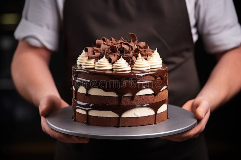 Professional Baker Presenting a Beautifully Iced Chocolate Cake Stock ...