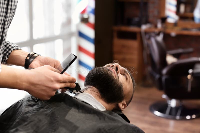 Professional Barber Working with Client in Hairdressing Salon Stock ...