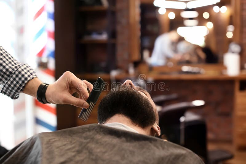 Professional Barber Working with Client in Hairdressing Salon Stock ...