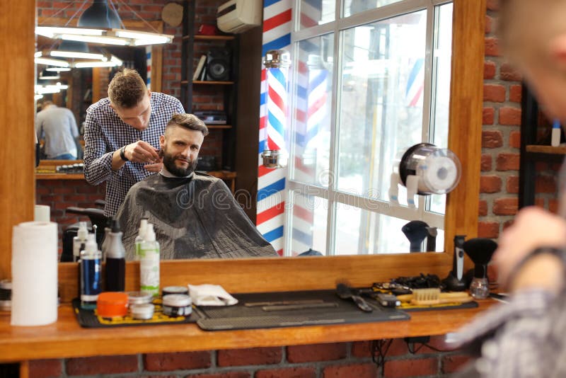 Professional Barber Working with Client in Hairdressing Salon Stock ...