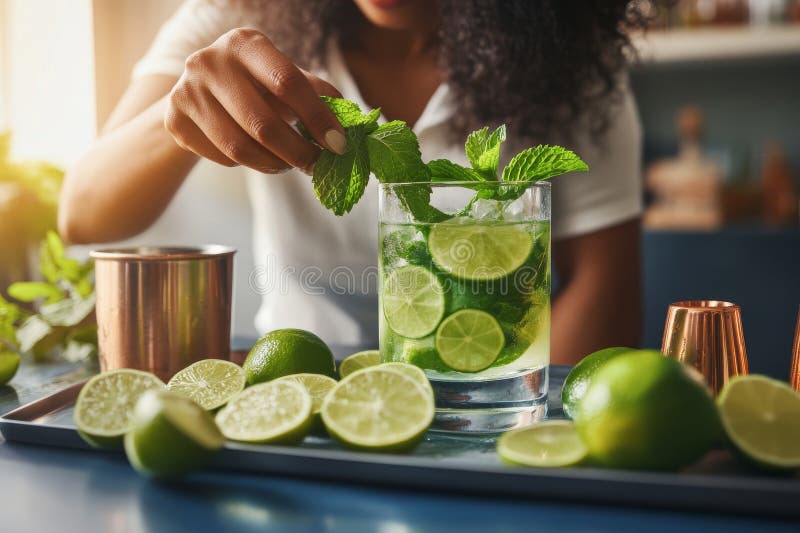 Professional Barman Mixes a Mojito Cocktail at the Bar Stock Photo ...