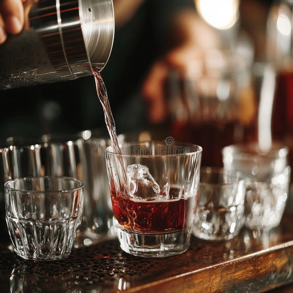 Professional Bartender Expertly Pouring Crimson Cocktail in Dimly Lit ...