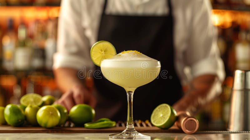 Professional Bartender Presenting a Freshly Made Pisco Sour on a Bar ...