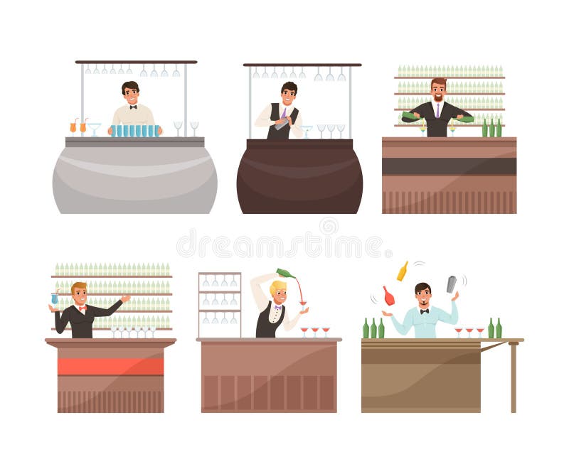 Professional Bartenders Mixing Drinks at Bar Counter Set Cartoon Vector ...