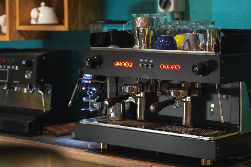 Professional Black Coffee Machine Stands on a Desk Stock Photo - Image ...