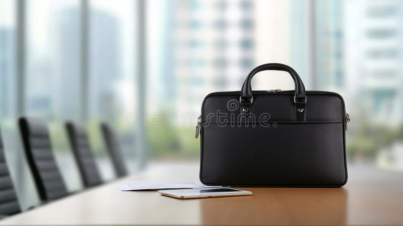 Professional Black Leather Satchel Bag Resting on a Conference Table ...