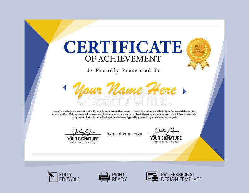 Professional Blue and Gold Certificate of Achievement Vector Template with Modern Accents Stock ...