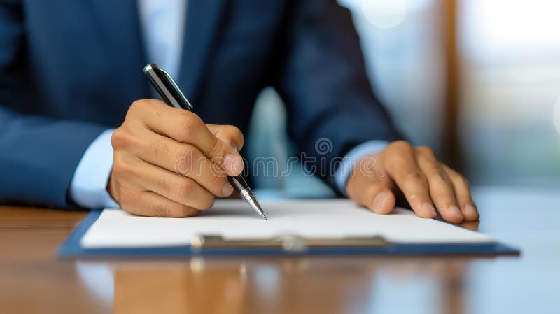 A Professional in a Blue Suit Finalizes a Business Deal by Signing ...