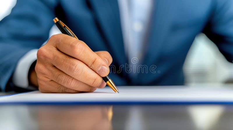 A Professional in a Blue Suit Finalizes a Business Deal by Signing ...