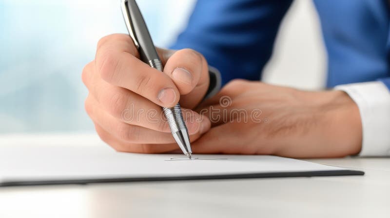 A Professional in a Blue Suit Finalizes a Business Deal by Signing ...