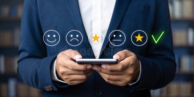 Professional Giving Feedback on Smartphone with Emoticons. Close-up of Hands Selecting Happy ...