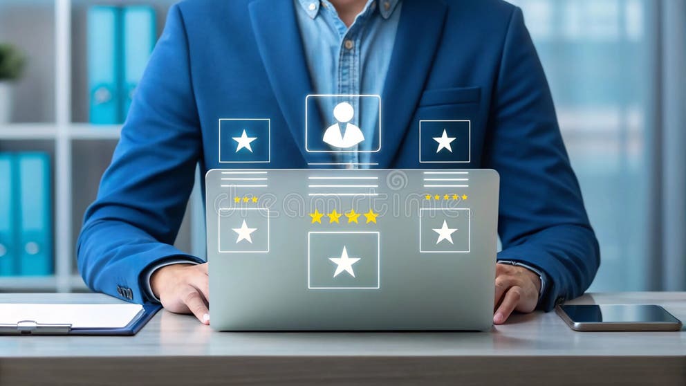 Professional in Blue Suit Using Holographic Laptop Interface. Modern ...