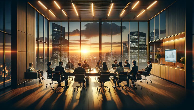 A Professional Boardroom Meeting at Sunset with a Diverse Group of ...