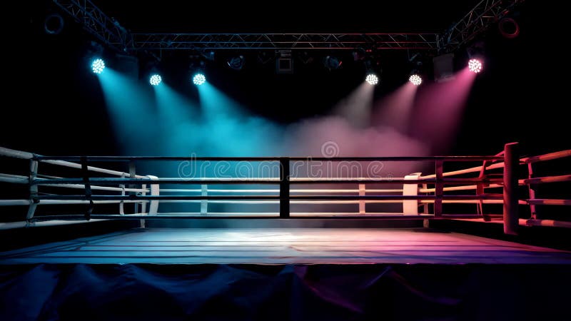 Professional Boxing Ring Vibrantly Illuminated by Contrasting Blue and ...