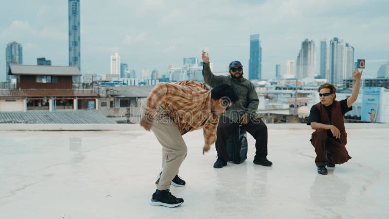 Profession Break Dancer Practice B-boy Dance with Friends at Roof Top ...