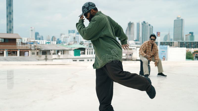 Profession Break Dancer Practice B-boy Dance with Friends at Roof Top ...