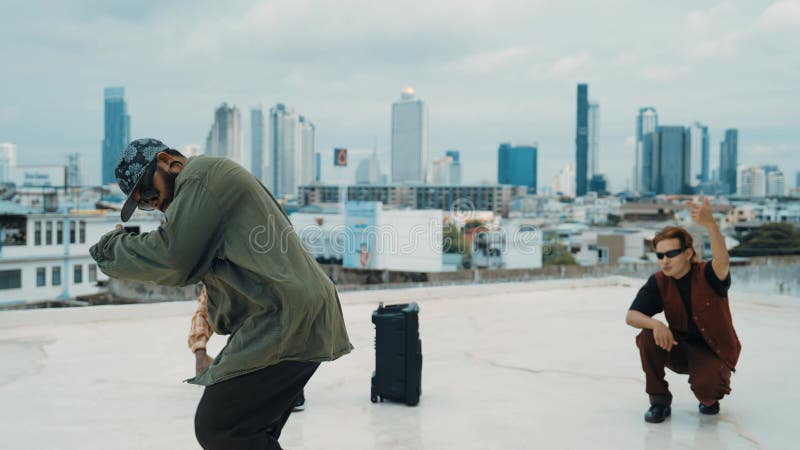 Profession Break Dancer Practice B-boy Dance with Friends at Roof Top ...