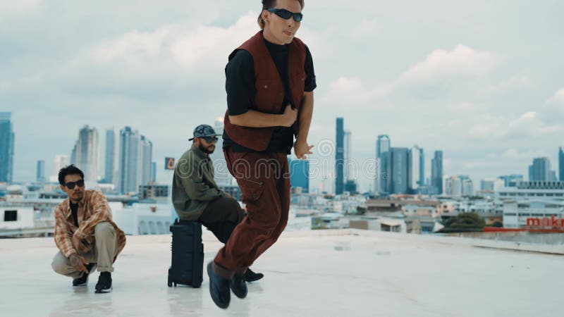 Profession Break Dancer Practice B-boy Dance with Friends at Roof Top ...