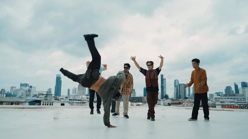 Profession Break Dancer Practice B-boy Dance with Friends at Roof Top ...