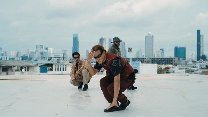 Profession Break Dancer Practice B-boy Dance with Friends at Roof Top ...