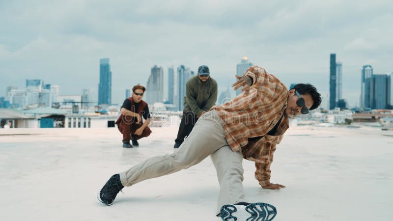 Profession Break Dancer Practice B-boy Dance with Friends at Roof Top ...