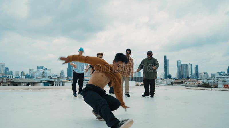 Profession Break Dancer Practice B-boy Dance with Friends at Roof Top ...