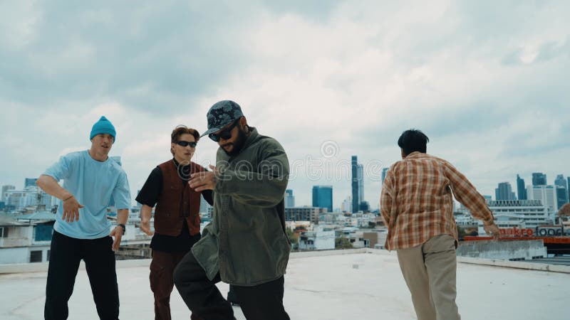 Profession Break Dancer Practice B-boy Dance with Friends at Roof Top ...