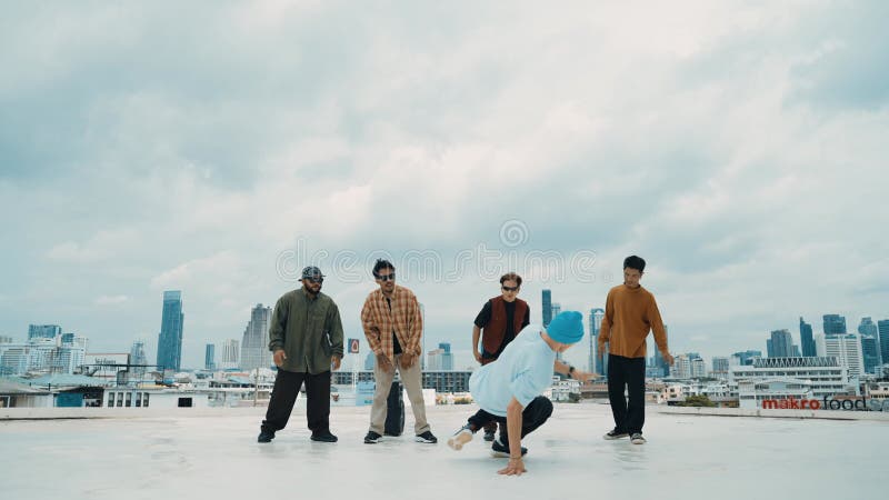 Profession Break Dancer Practice B-boy Dance with Friends at Roof Top ...