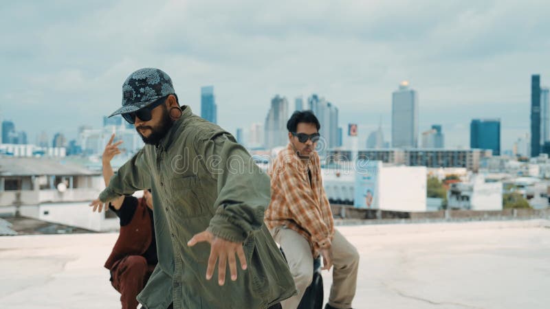 Profession Break Dancer Practice B-boy Dance with Friends at Roof Top ...
