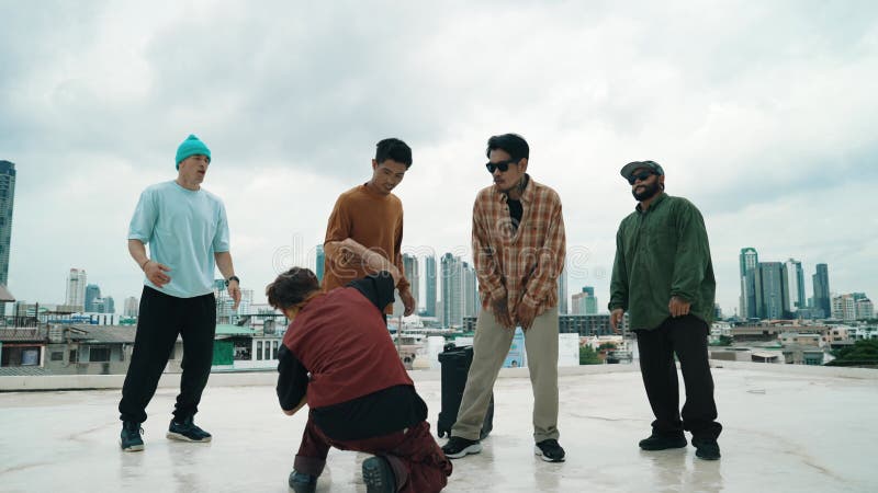 Profession Break Dancer Practice B-boy Dance with Friends at Roof Top ...