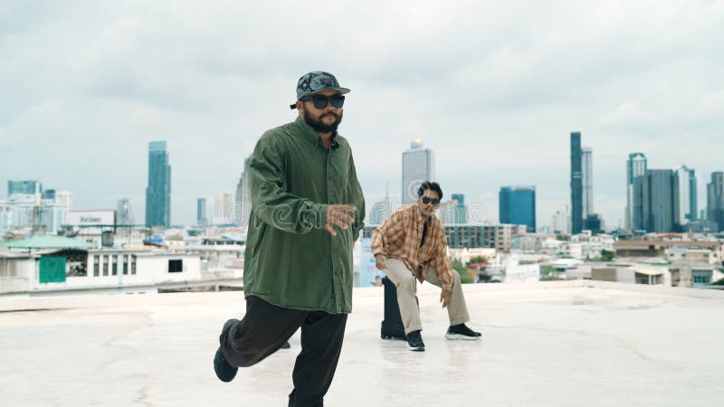 Profession Break Dancer Practice B-boy Dance with Friends at Roof Top ...