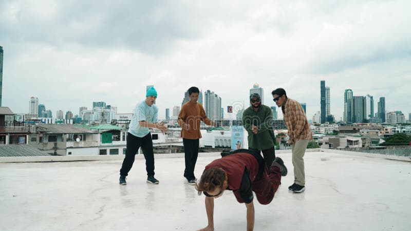 Profession Break Dancer Practice B-boy Dance with Friends at Roof Top ...